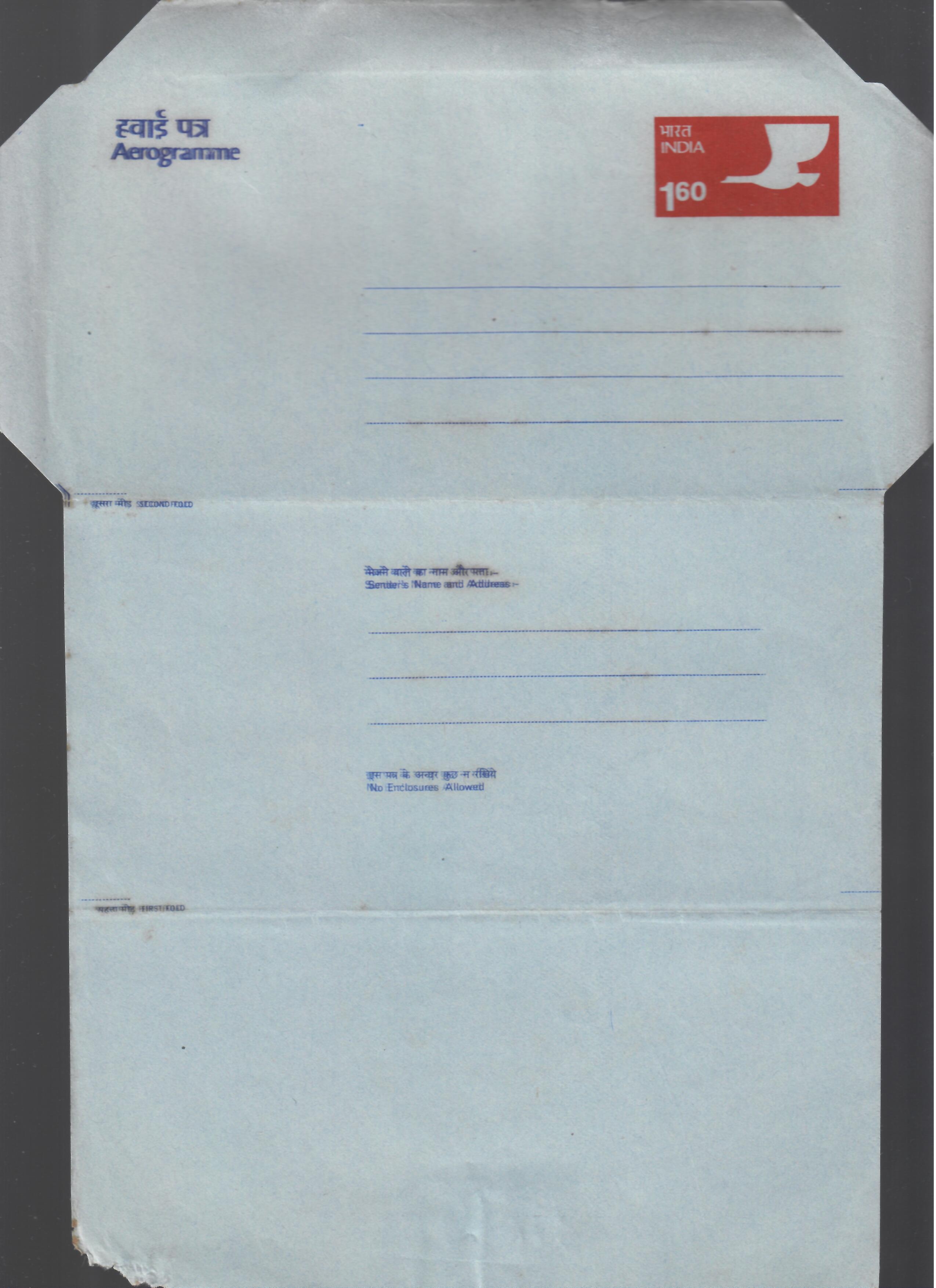 India – Error – Aerogramme Rs 1.60 Birds – Blue Colour Double Printed ...