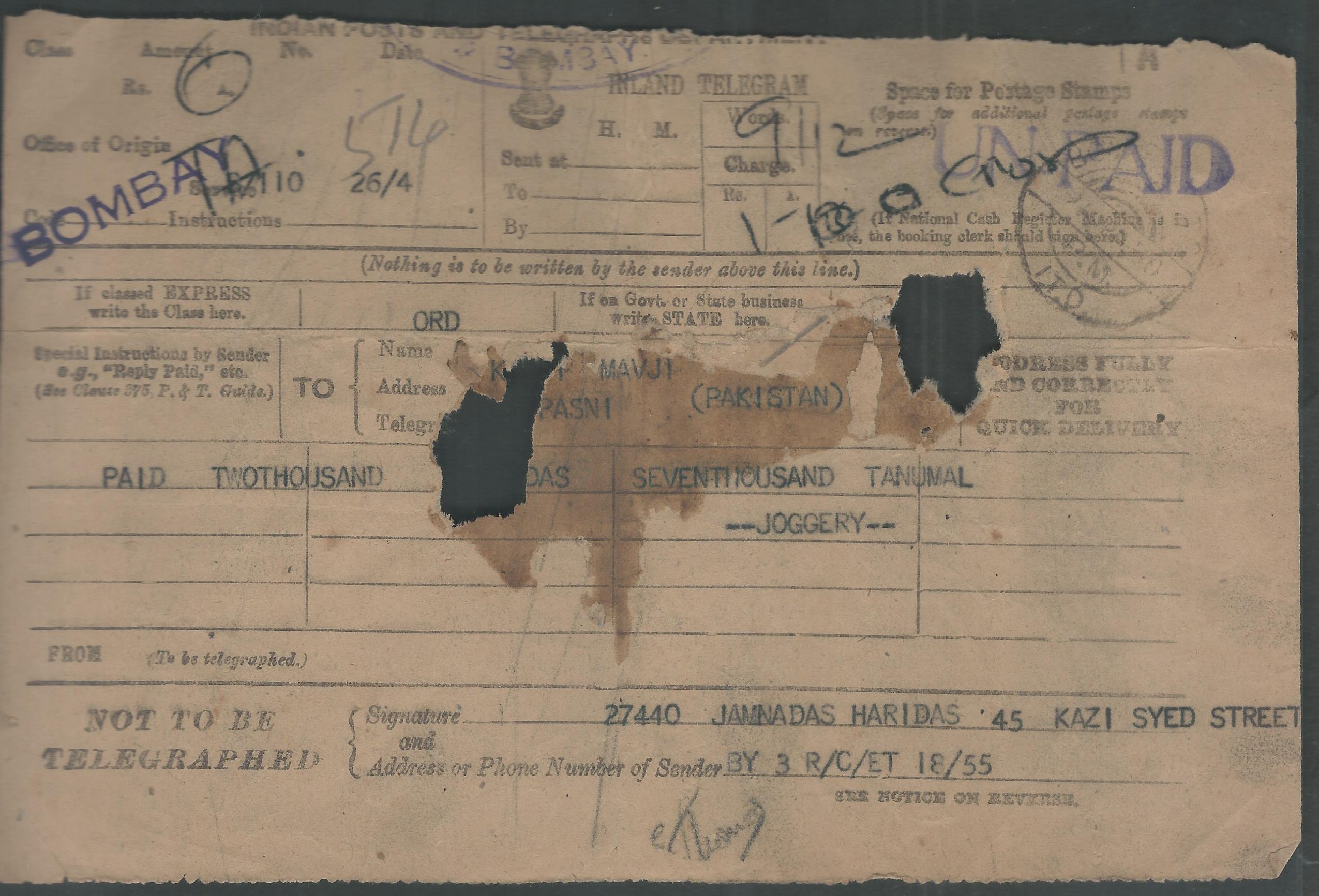 India – Indian Post and Telegrams Department – Bombay , Unpaid with ...