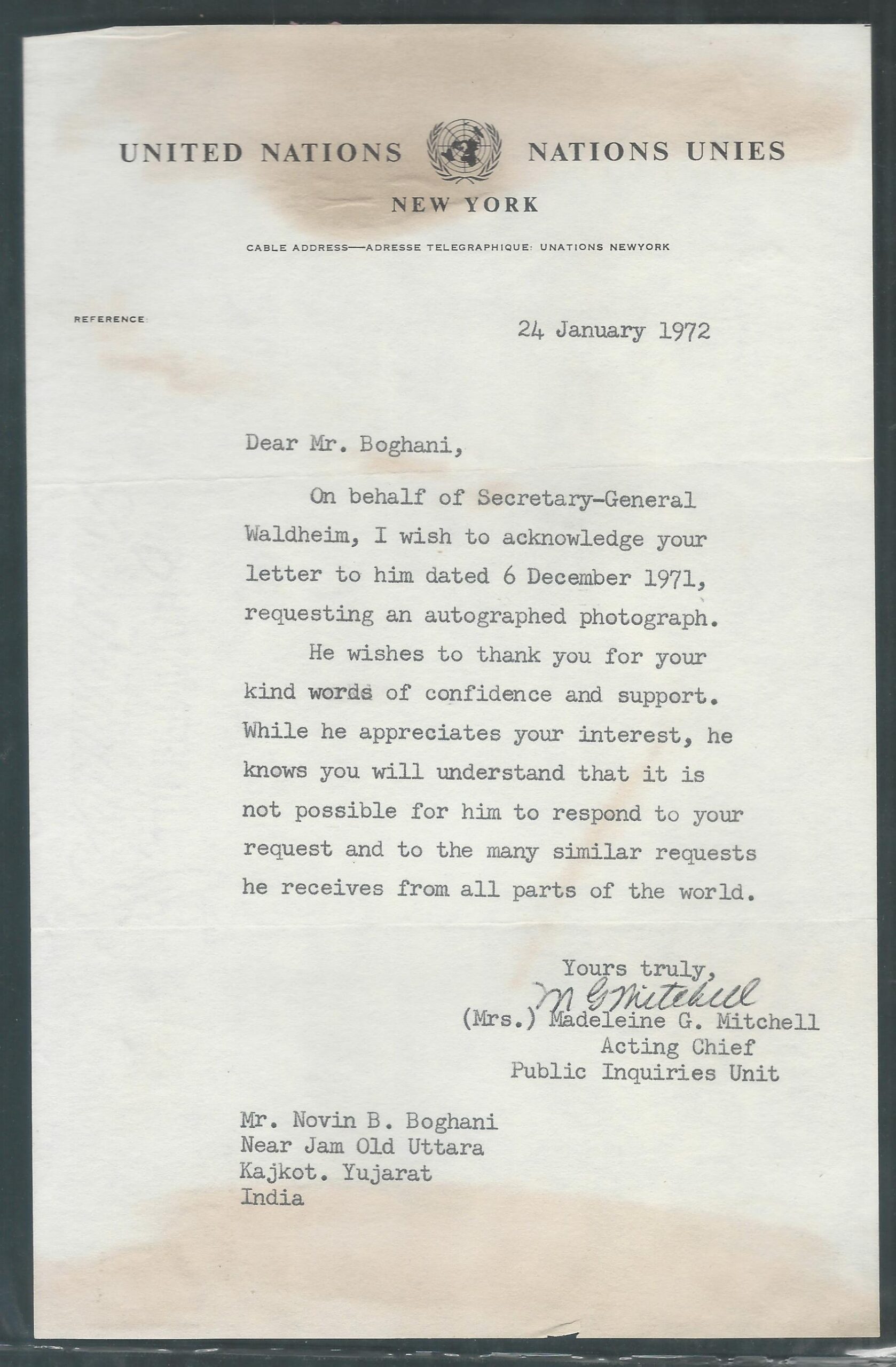 The Letter from United NAtions , New York , autographed by Mrs ...